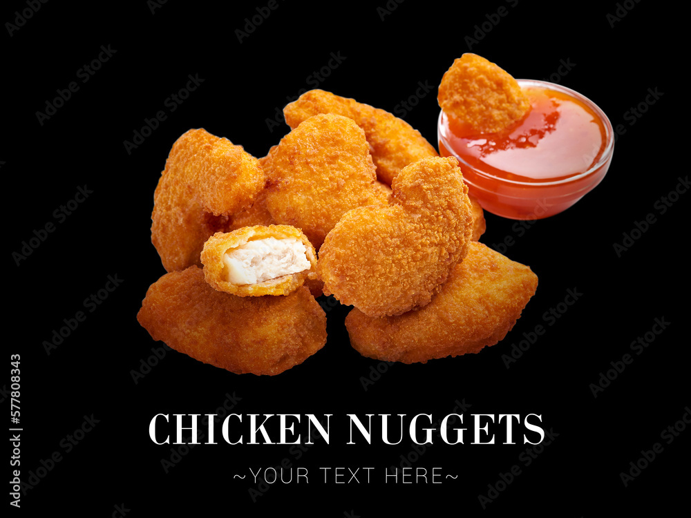 Portion of crispy chicken nuggets with sweet and sour sauce isolated on ...