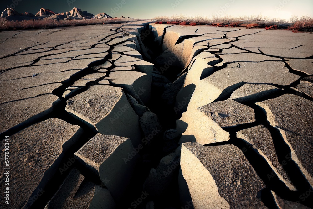 Cracked fissured ground, dry damaged fractures earth surface ...