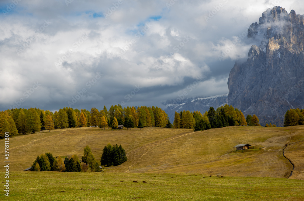 Landscape with beautiful autumn meadow field and the amazing Dolomite ...