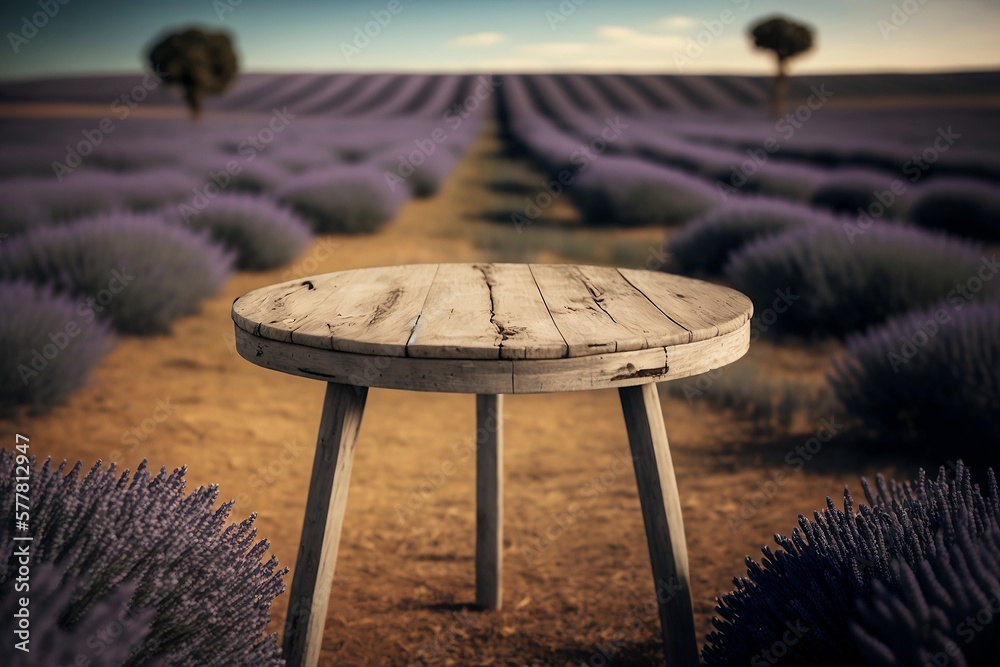 petite table en bois posée au milieu d'un champ de lavandes pour ...