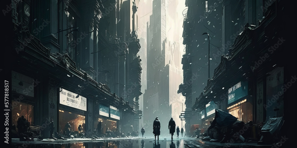 Futuristic illustration of a ultramodern city, a man walking down a ...