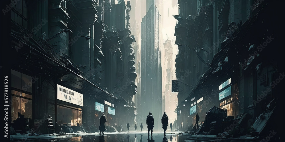 People strolling through a street near to tall buildings in a ...