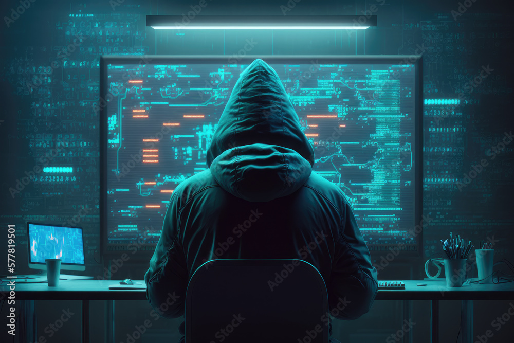 Back view of hacker in a hood with hidden face looks at the monitor ...