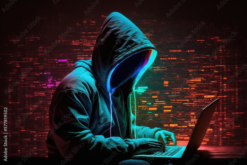 Hacker in a hood with a hidden face looks at the screen of a laptop ...