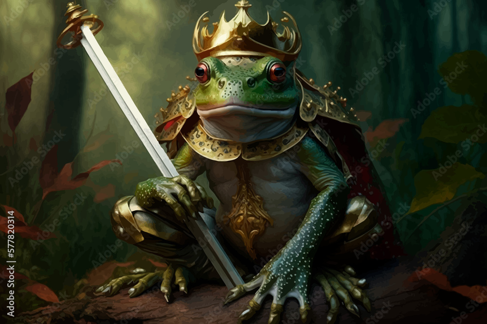 Frog prince with a sword in his hand. Fantasy scene. Mythological ...
