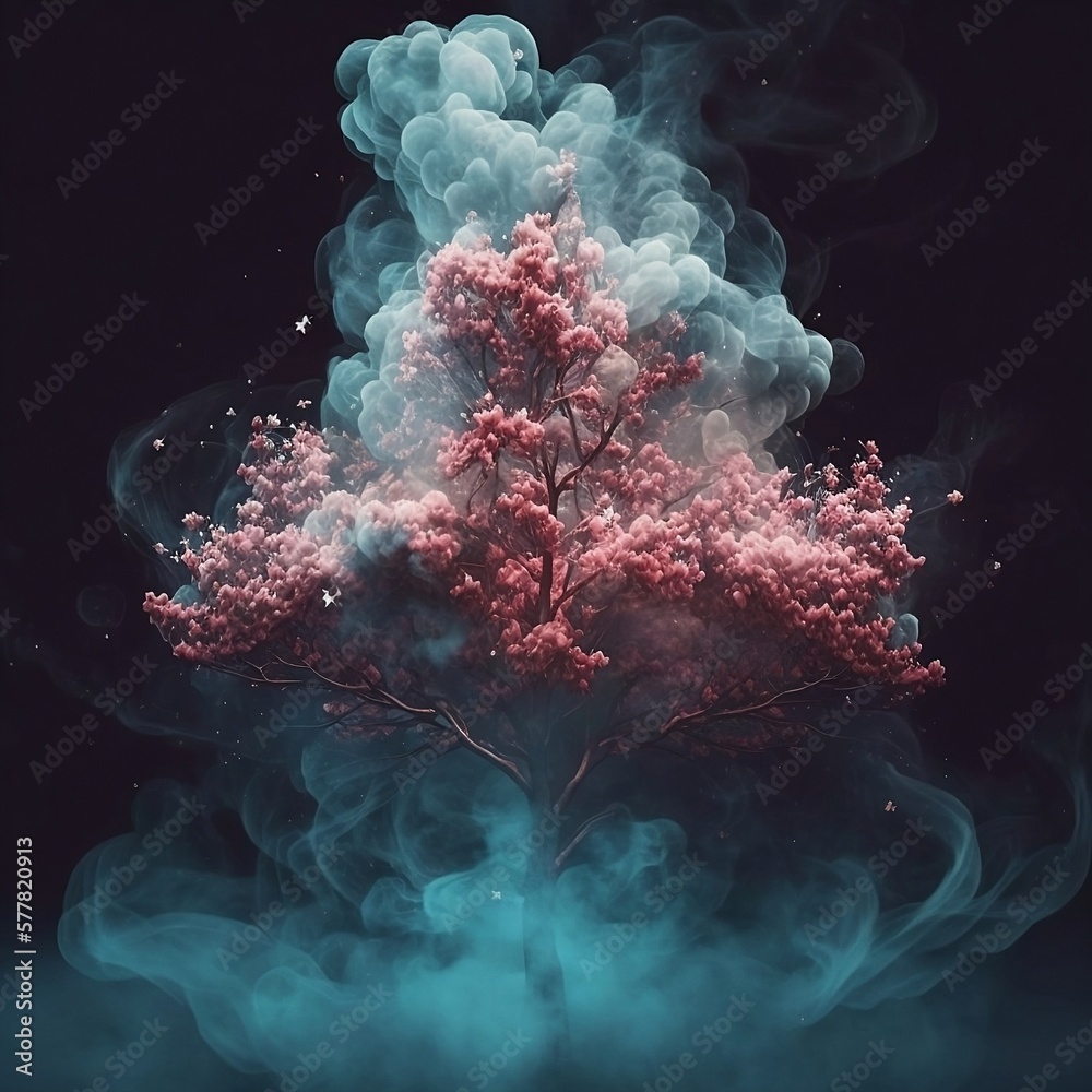 Sakura in smoke. Japanese tree in smoke on a dark background. Wood and ...