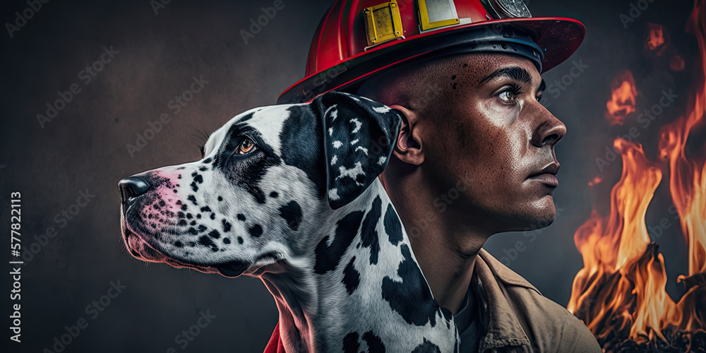 A firefighter with a dalmatian dog poster on fire background ...