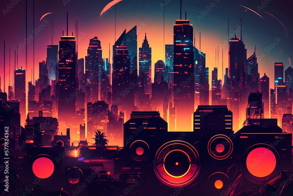 Illustrazione Stock Audio music backgrounds. Buildings city view with ...