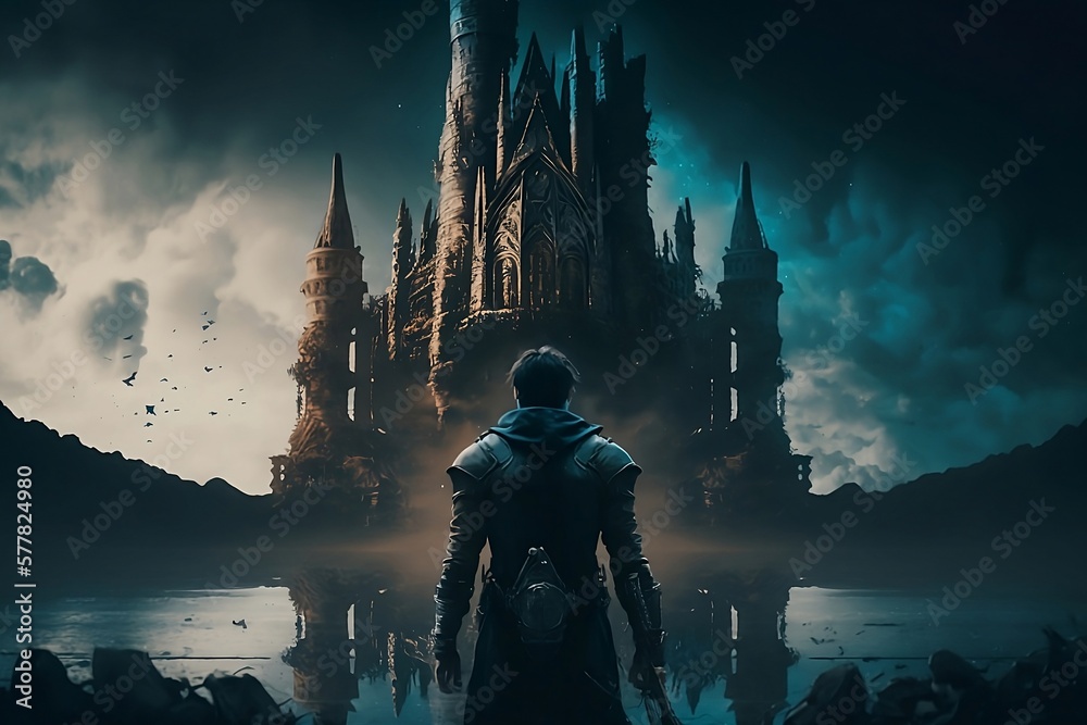 Medieval knight looking at a ruined fortress in a dark fantasy setting ...