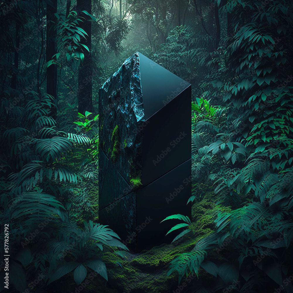 Black stone monolith in ancient jungle, portal or a sign of ...