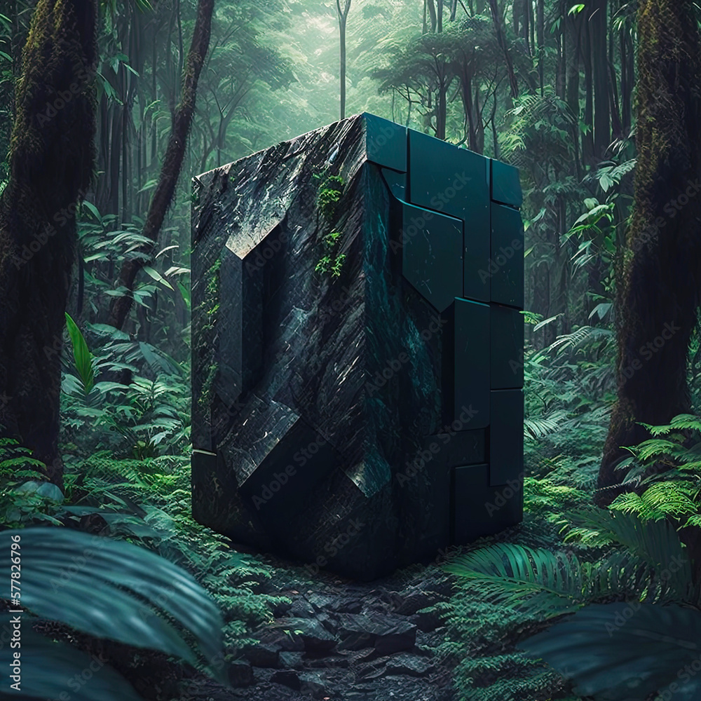 Black stone monolith in ancient jungle, portal or a sign of ...