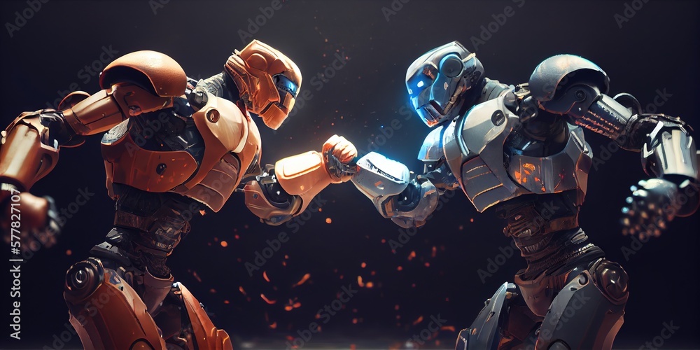 Fighting robots - two cybernetic artificial intelligence (AI) robots boxing and fist fighting ...