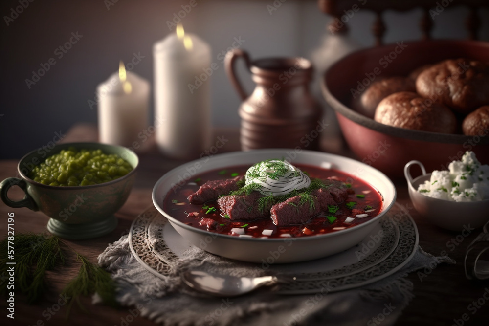 Russian cuisine with Russian products. lunch and national cuisine. Food ...