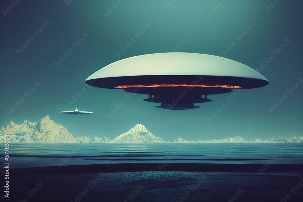 Cartoon style of a huge UFO spacecraft flying low over a mountain lake ...