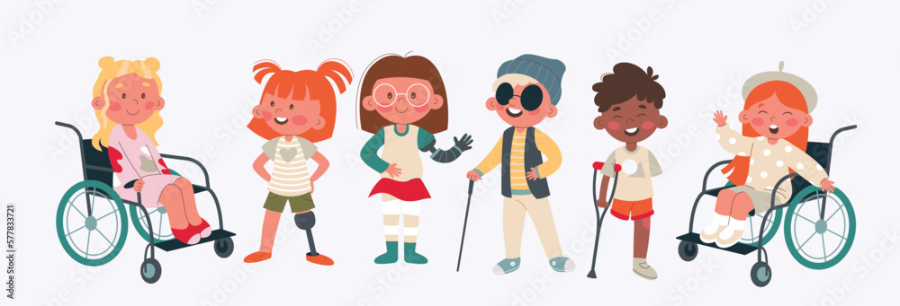 Disability kids flat icons set. Children with health problems ...