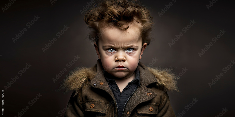 Closeup of a 5 year old Caucasian boy with very angry expression ...