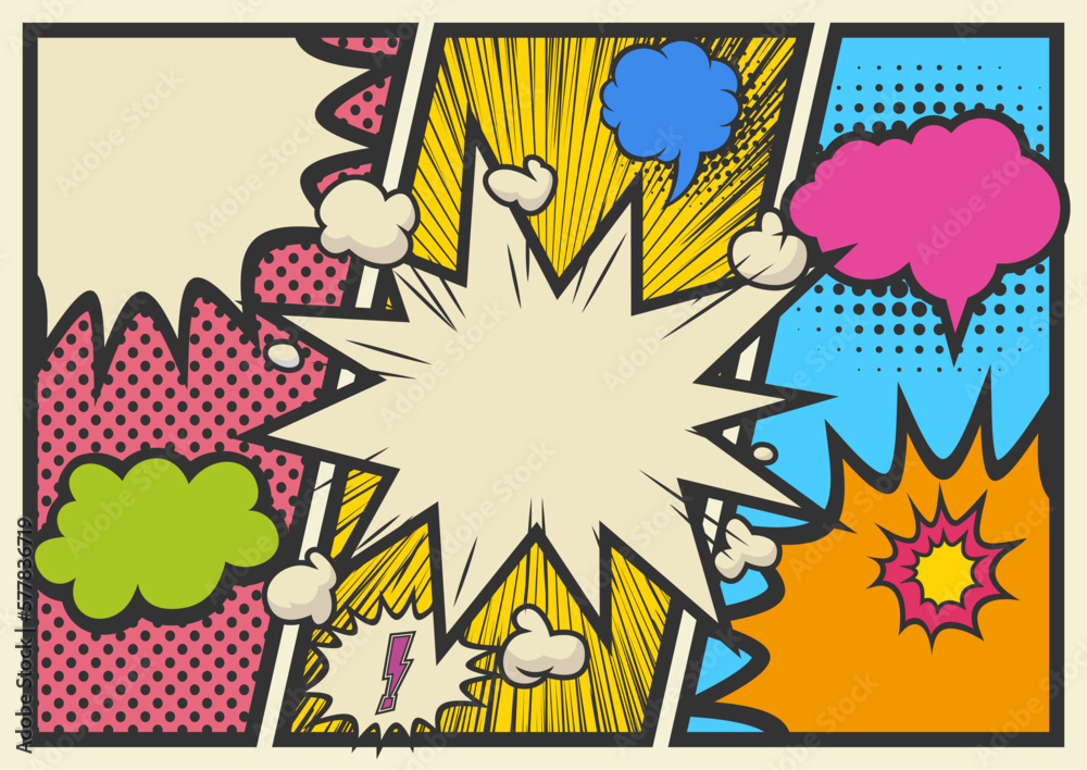 Comic book page template with empty speech bubbles and rays. Vector ...