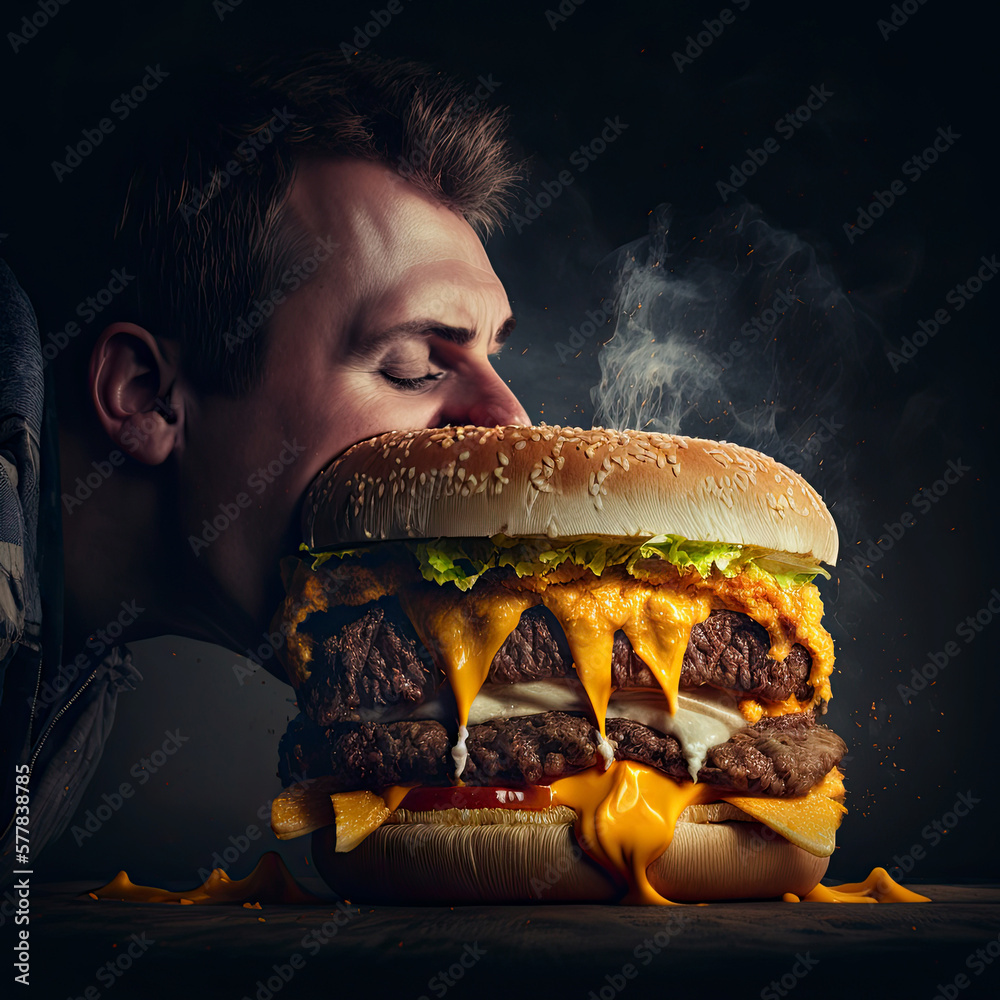 Hungry man eating a giant juicy double burger, Generative AI Stock ...