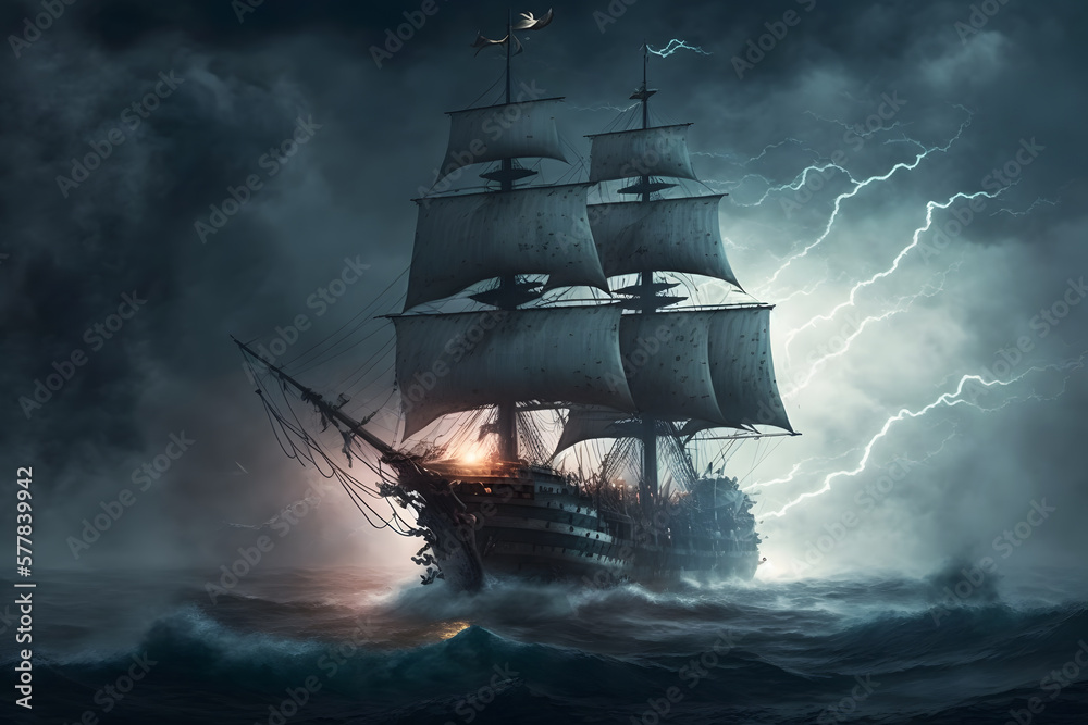Sailing old ship in storm sea on the background clouds with lightning ...