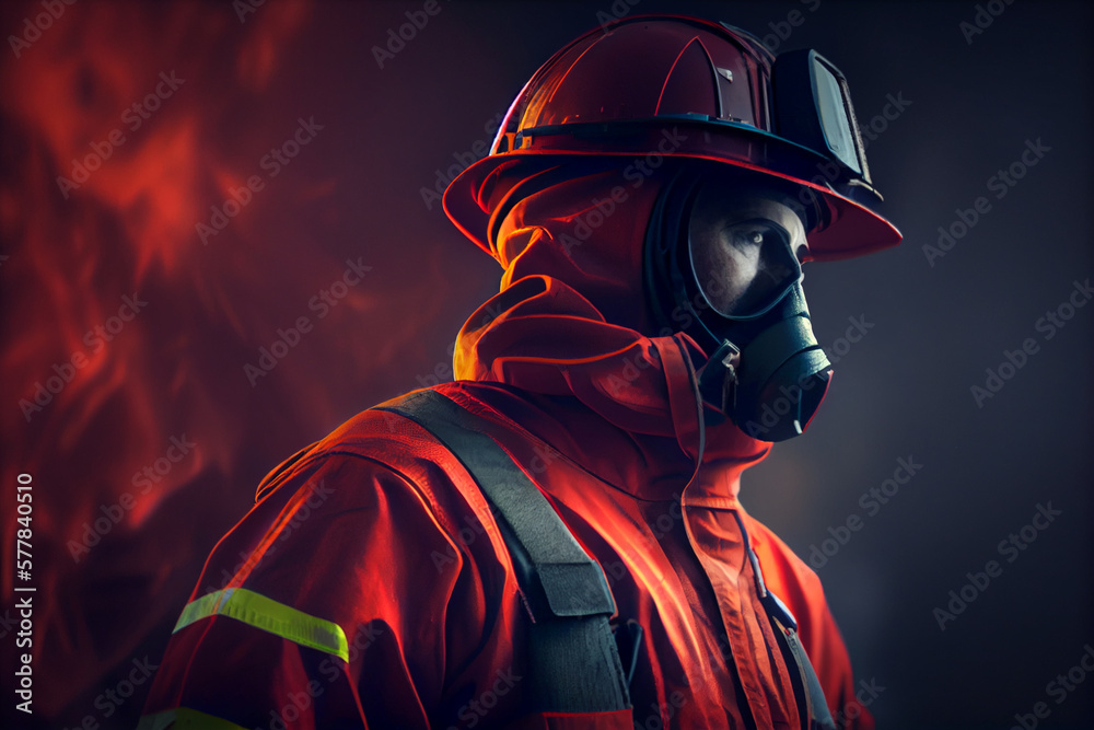 Professional firefighter dressed in special uniform with gas mask ...