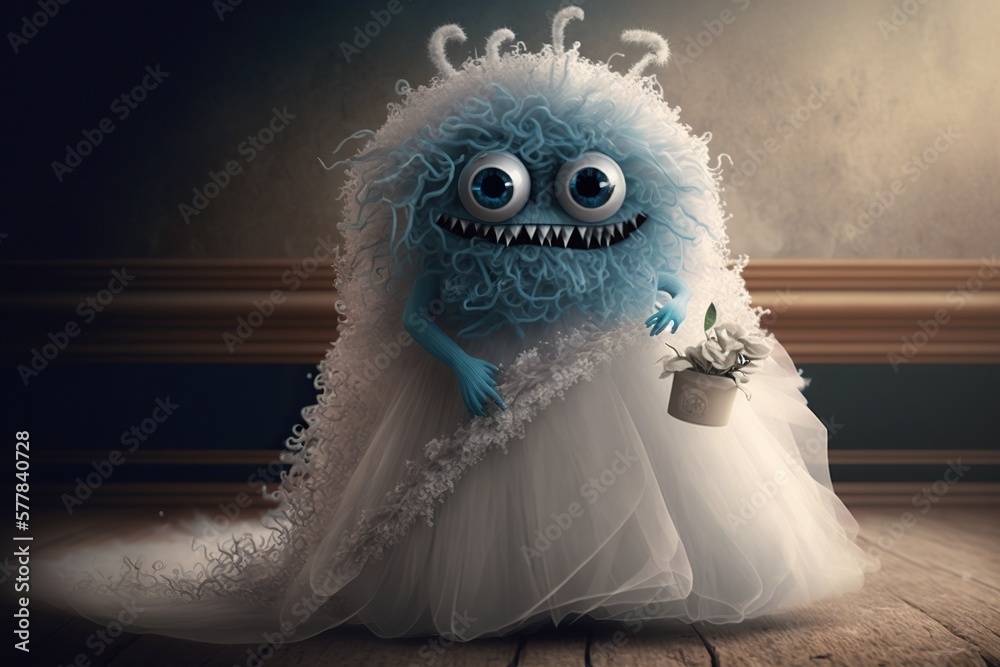 Charming fluffy pink monster in wedding dress, concept of Fantasy and ...