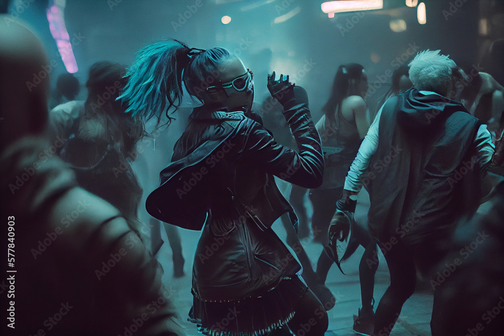 Group of people dancing in a cyberpunk city. Joyful Cyberpunk girls ...