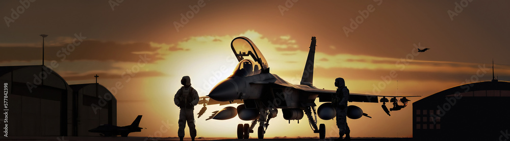 sunset backlit view of military fighter jet pilot beside parked ...
