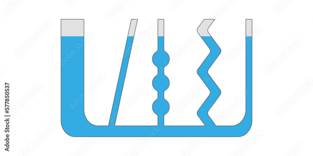 Communicating vessels experiment. Connected vessels diagram. Vector ...