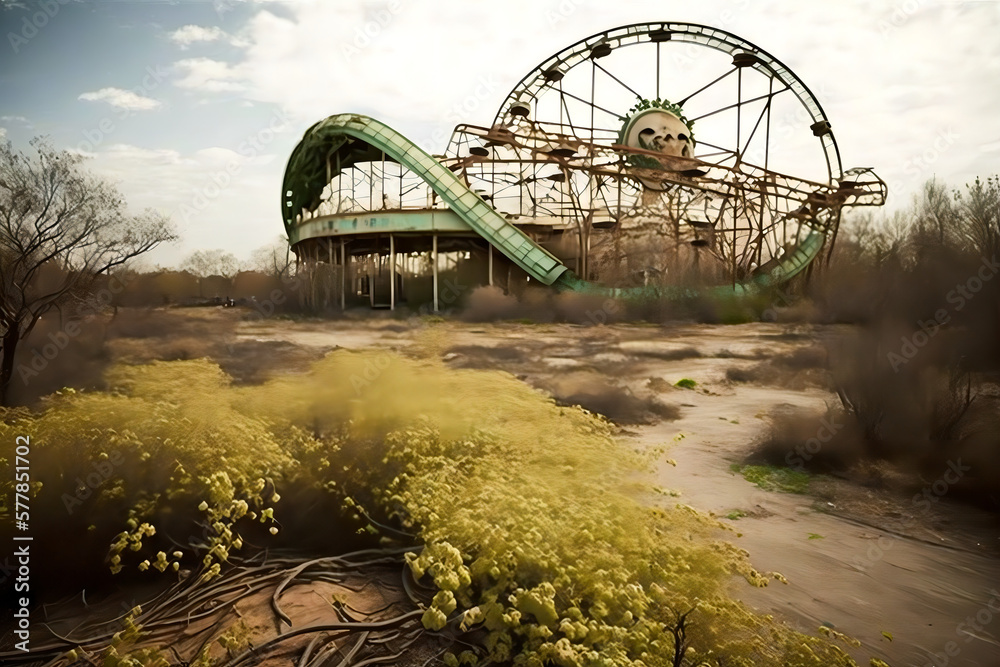 A desolate and abandoned amusement park filled with rusty, faded rides ...