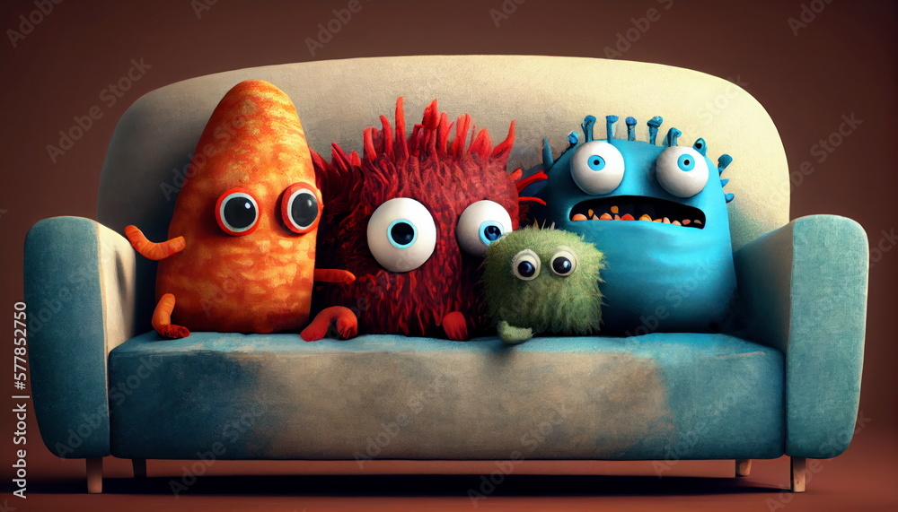 cartoon monsters sitting couch cinematic color grading such bacteria ...