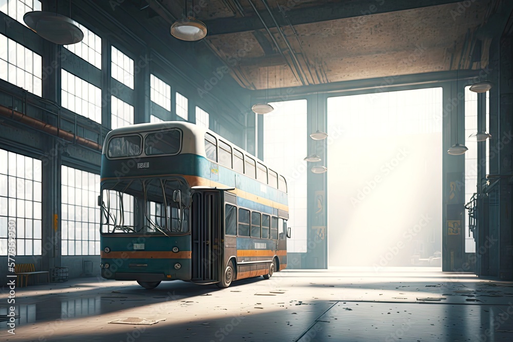 interior of urban bus garage with large windows, created with ...