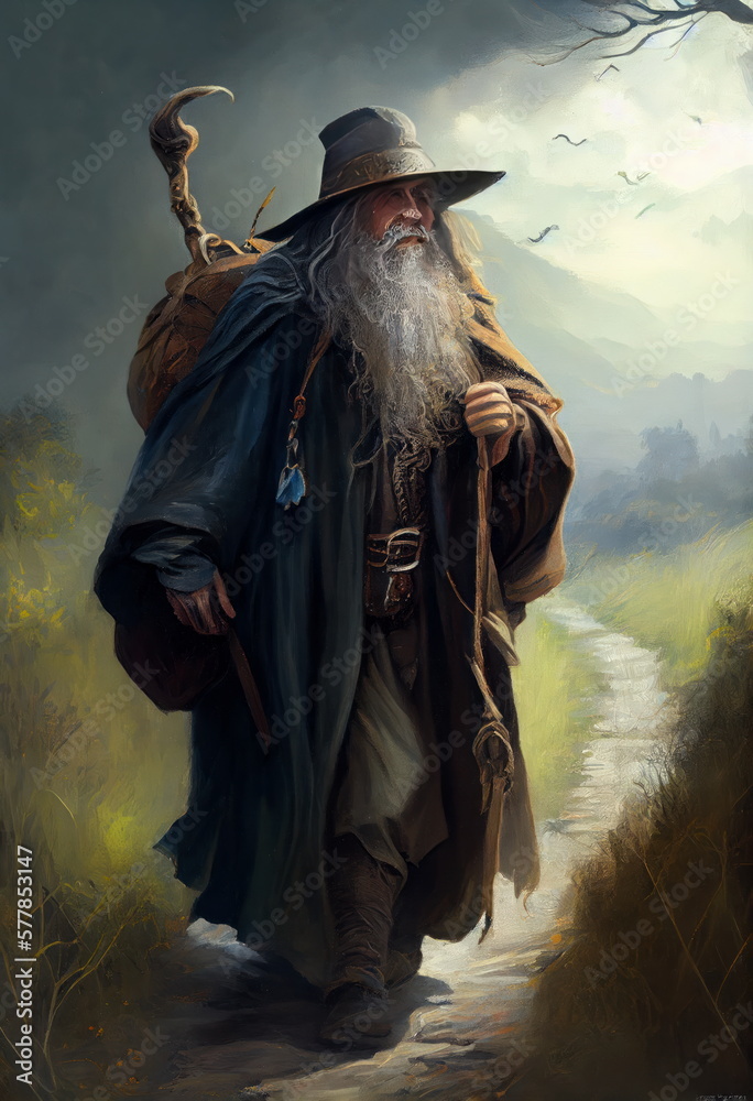 painting old man long beard fantasy art traveling clothes shire wearing ...