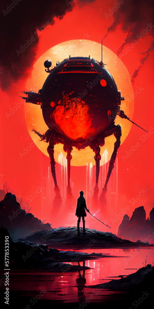 man standing top beach next giant robot huge red moon artwork orange ...