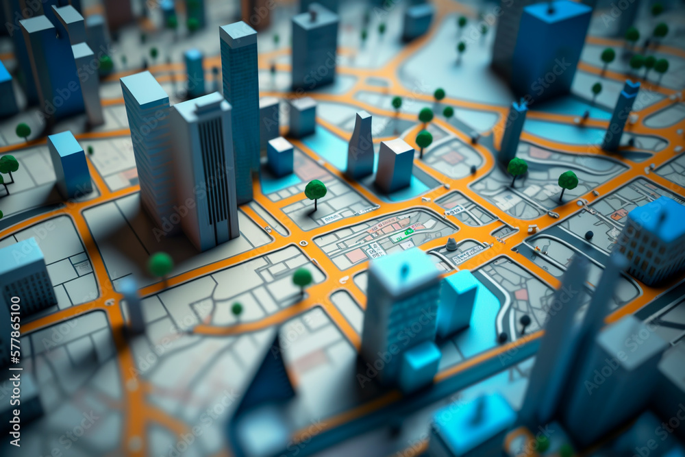 3d city map with 3d pinters location, gps, transport concept, generative ai Stock Illustration ...