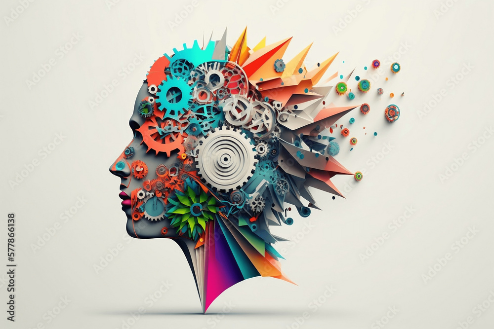 Colorful 3D illustration representing person with creative mind, side ...