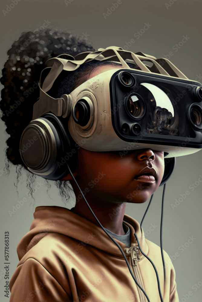 Child with VR headset in fantasy world. Kids and Metaverse. Children of ...