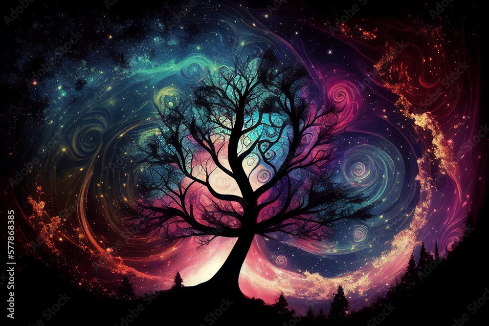 Tree of the universe on cosmic background. Abstract colorful fantasy ...