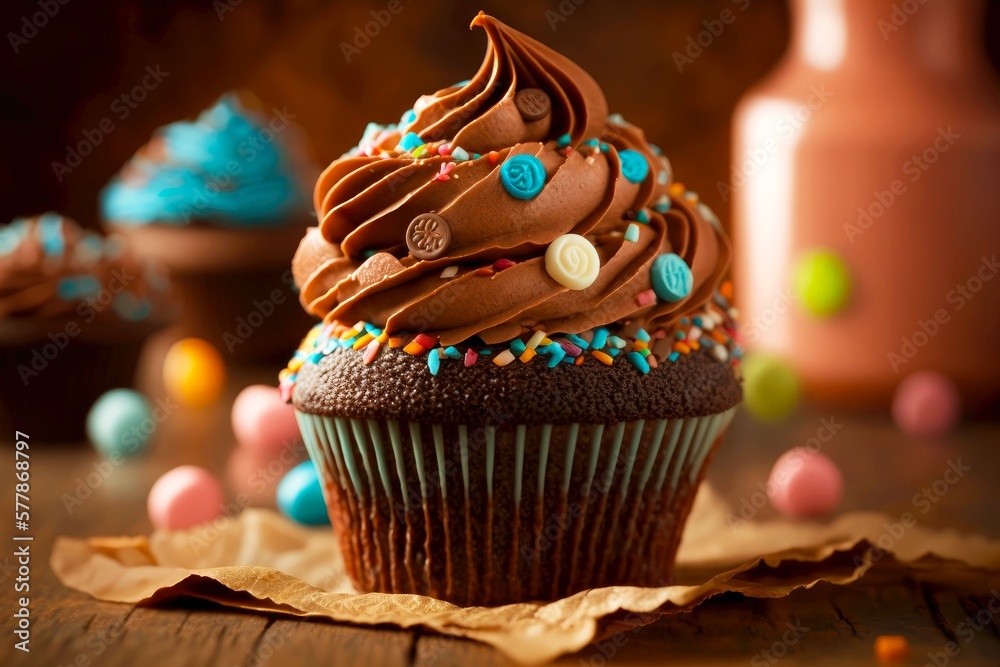 a stack of fluffy chocolate cupcakes topped with swirls of frosting and a sprinkle of sprinkles ...