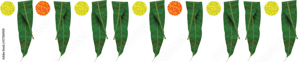 Decorative marigold flowers and mango leaves toran border design in a ...