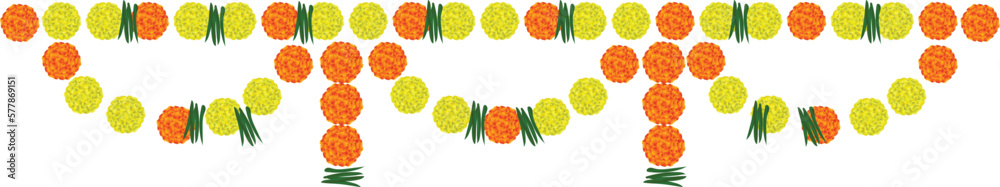 Decorative marigold flowers and mango leaves toran border design in a ...