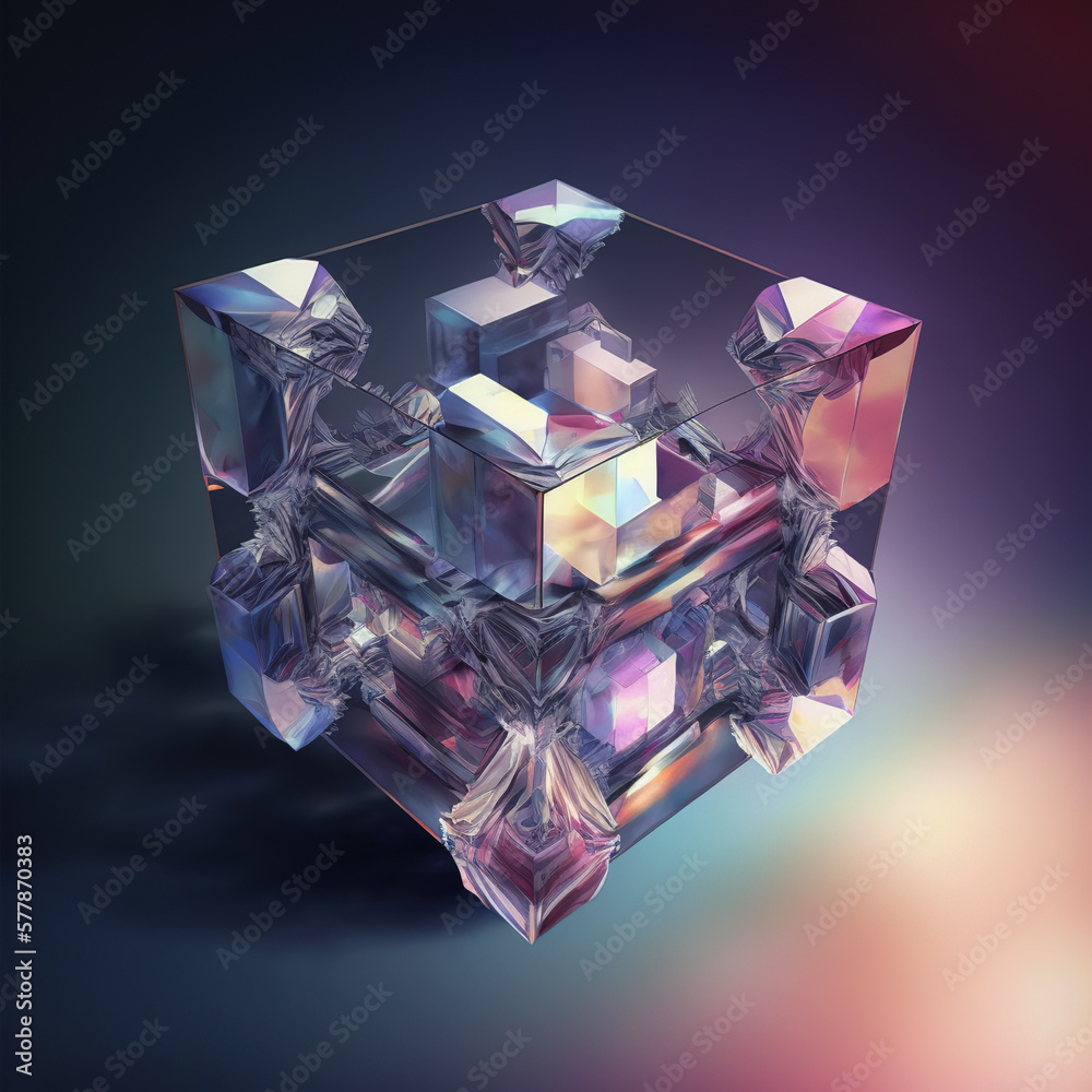 Modern digital abstract art of glassy geometric transparent cubic shape ...