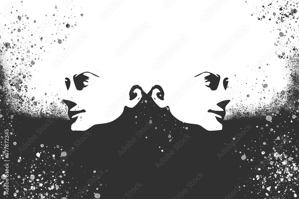 Face half turn view. Elegant silhouette of a two female heads. Split ...