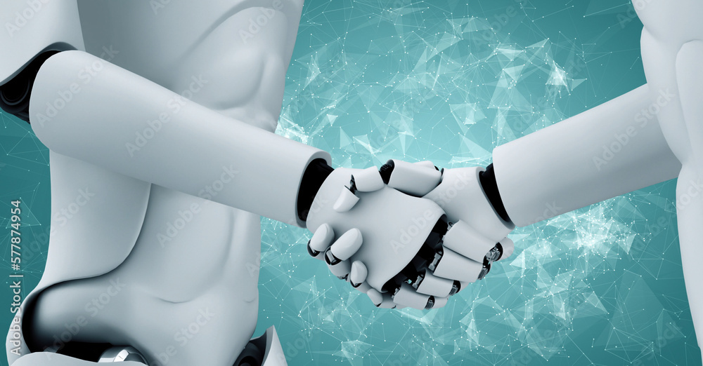 3D rendering hominoid robot handshake to collaborate future technology development by AI ...