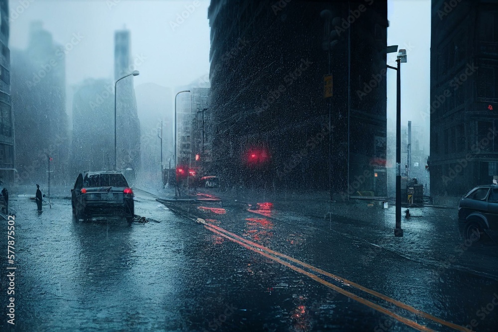 natural disaster crisis extreme bad weather pour raining in urban city ...