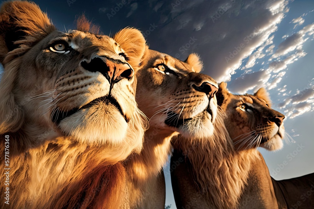 lion and lioness in the sun with sky and clouds above, generative ai ...