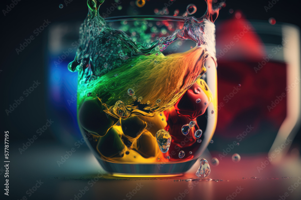 closeup of a glass in a chemical reaction with different colored ...