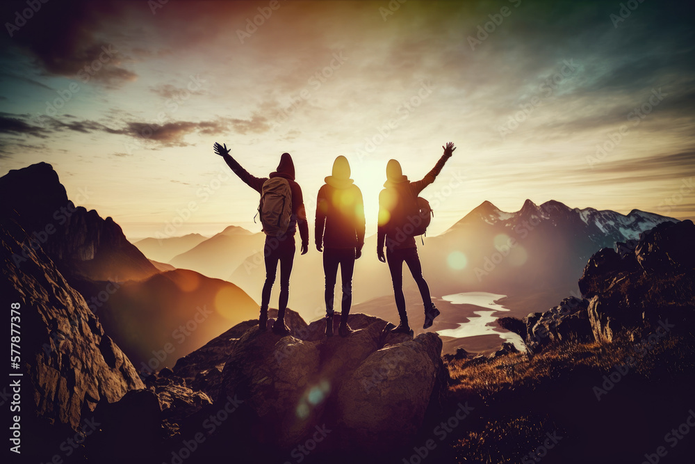 Freedom concept with three friends celebrating success on mountain top ...