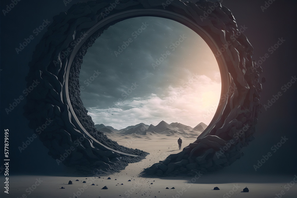 Spaceman travel through the space with mysterious sci-fi fantasy portal ...