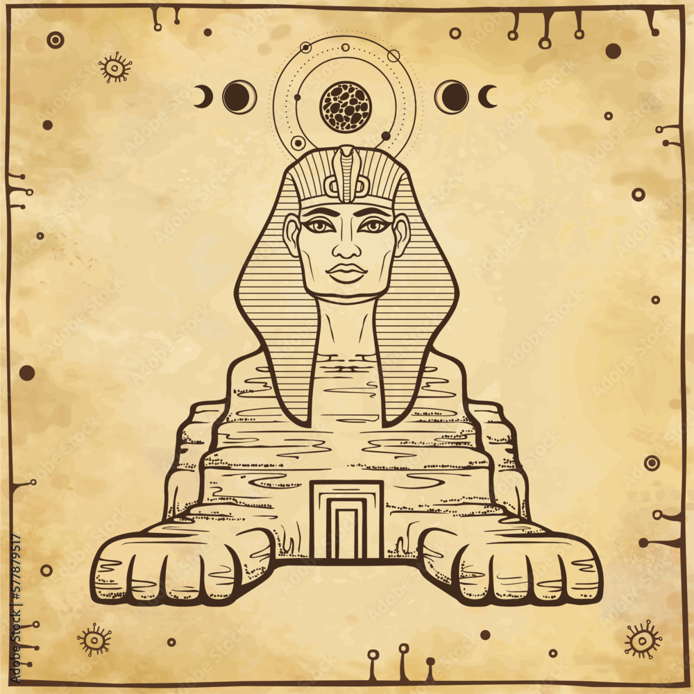 Animation linear portrait: Egyptian sphinx body of a lion and the head ...