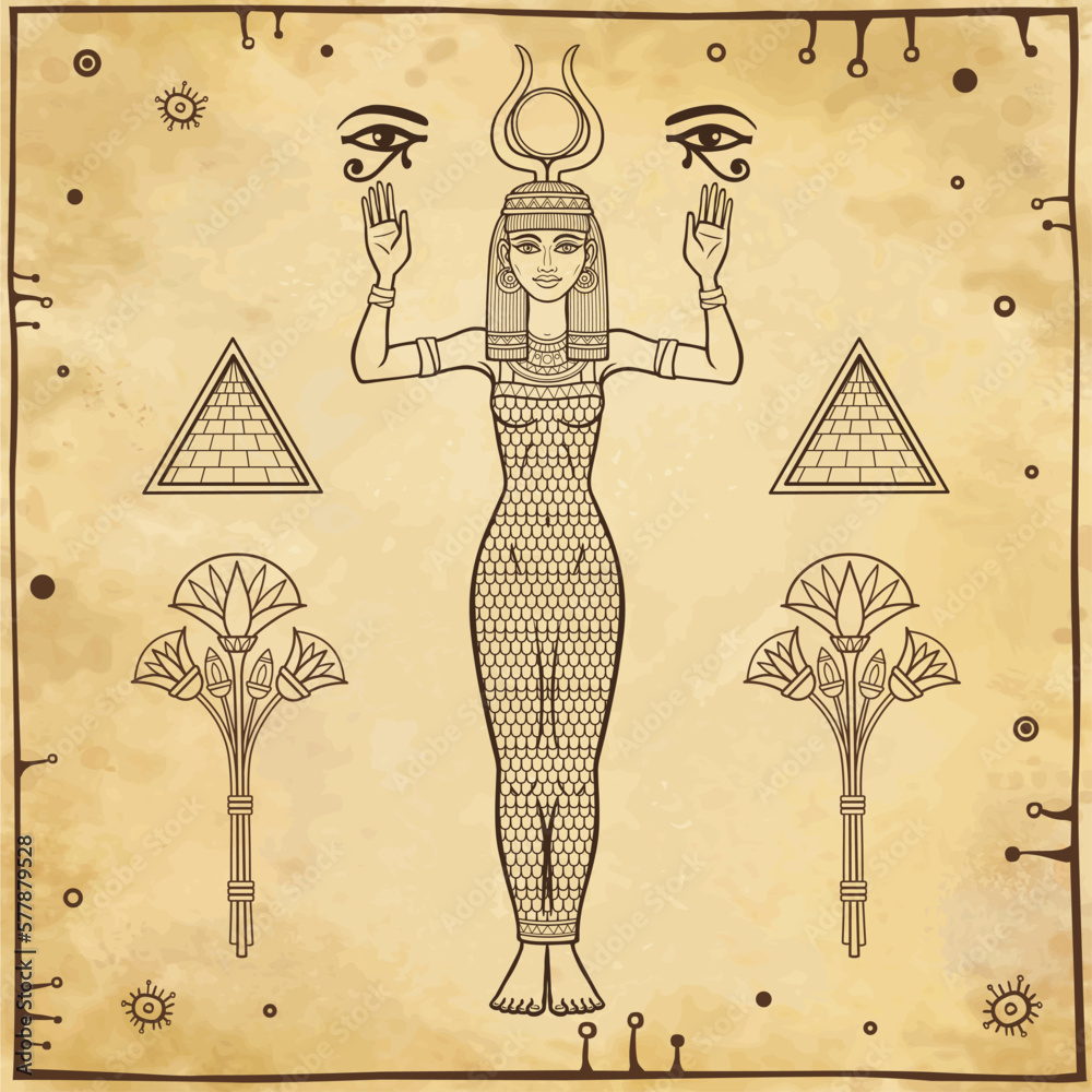 Animation portrait: Egyptian goddess Isis with horns and sun disk on ...